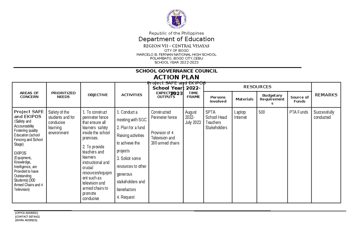 Sample action Plan Action Plan edited - Republic of the Philippines ...