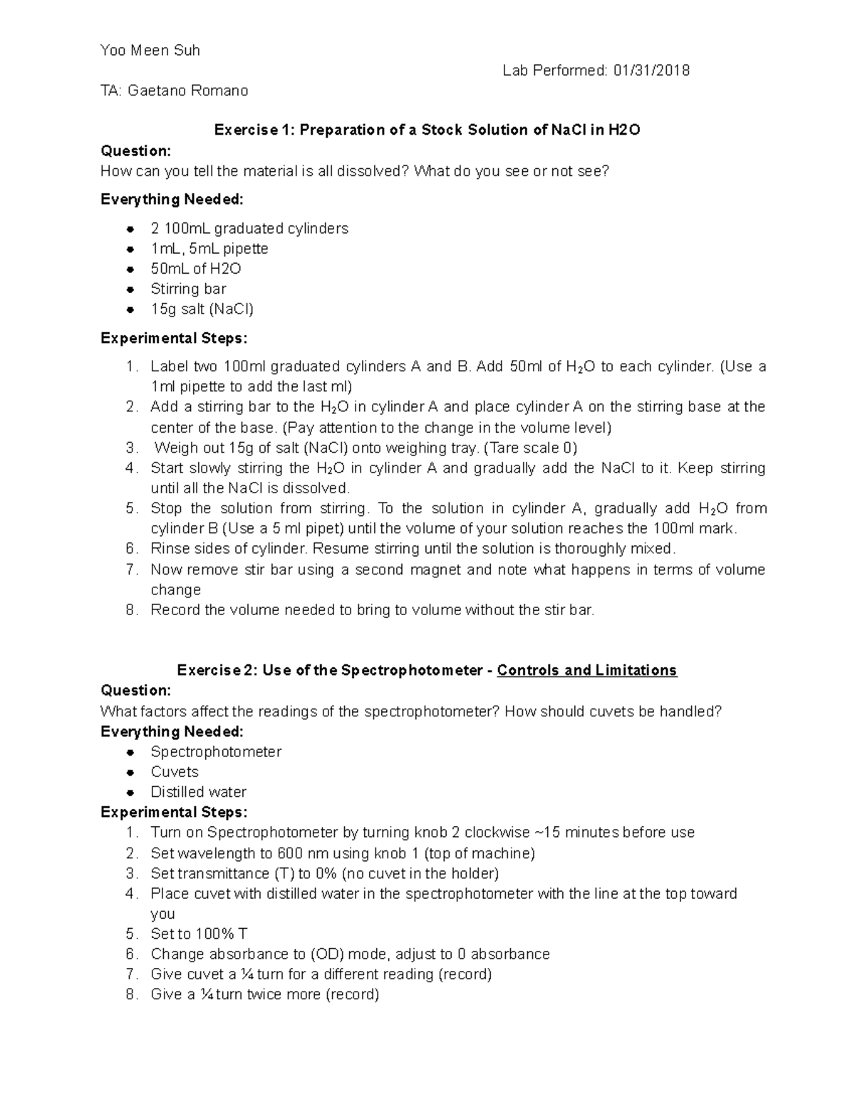 Bio Experiment 2 Protocol - Yoo Meen Suh Lab Performed: 01/31/ TA ...