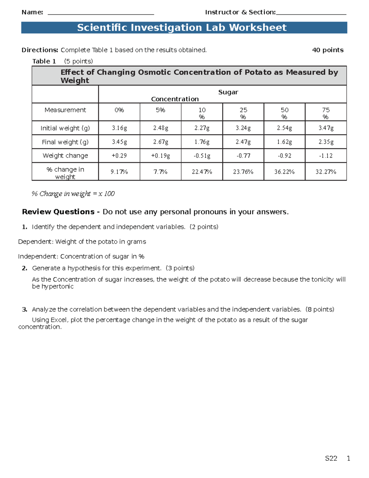 S22 Scientific Investigation Worksheet - Directions: Complete Table 1 ...