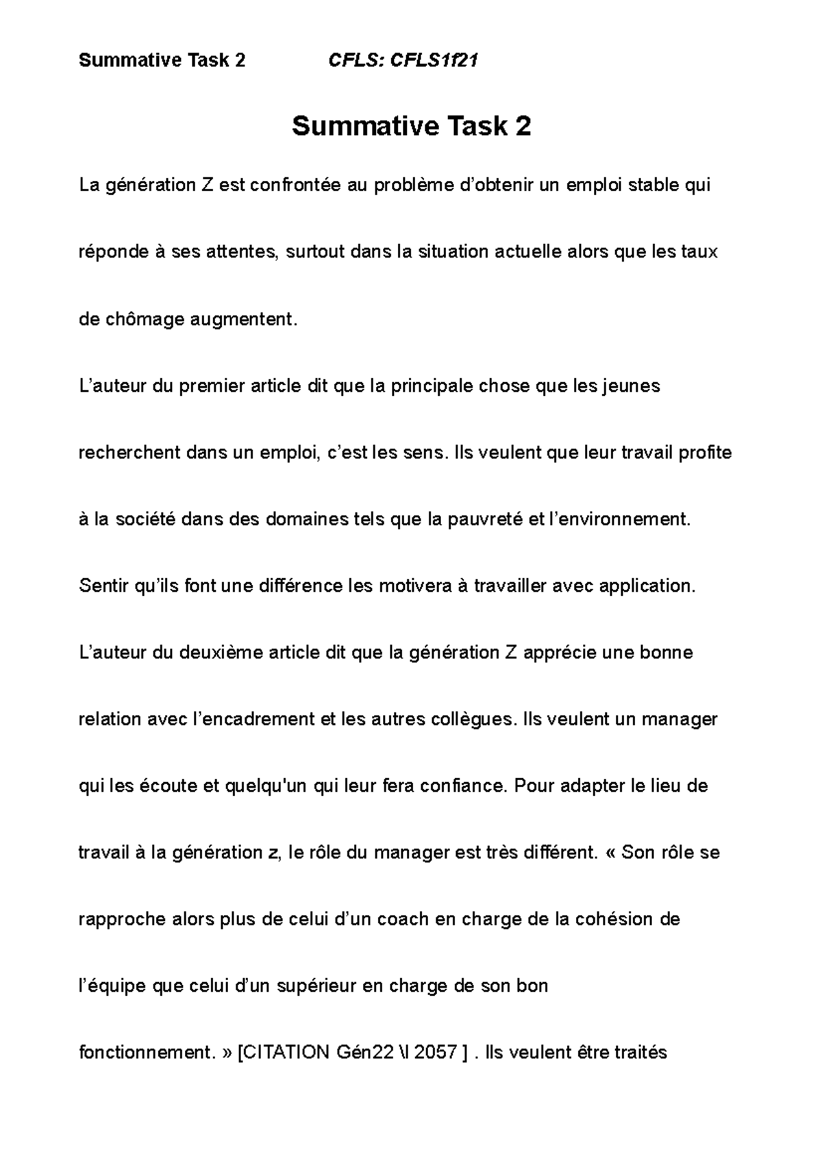 Summative 2 fr - french - Summative Task 2 La génération Z est ...