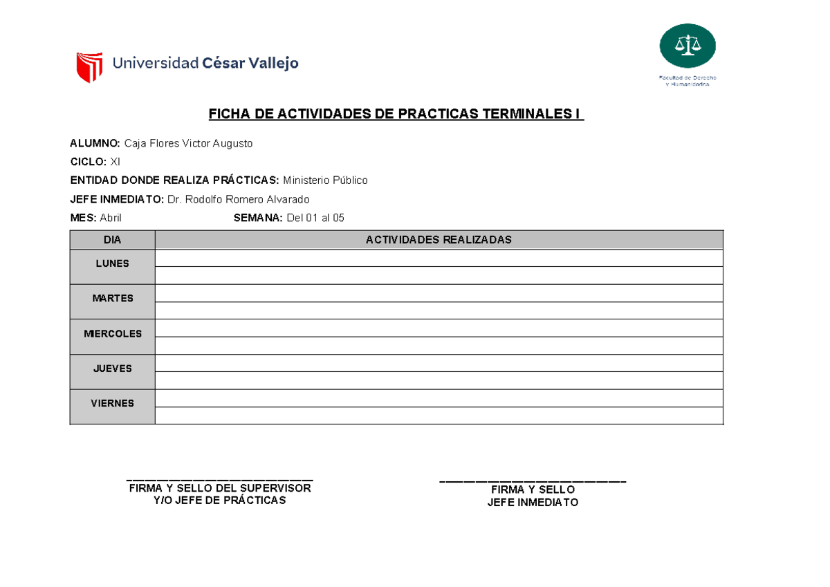 4. Ficha DE Actividades Diarias - FICHA DE ACTIVIDADES DE PRACTICAS ...