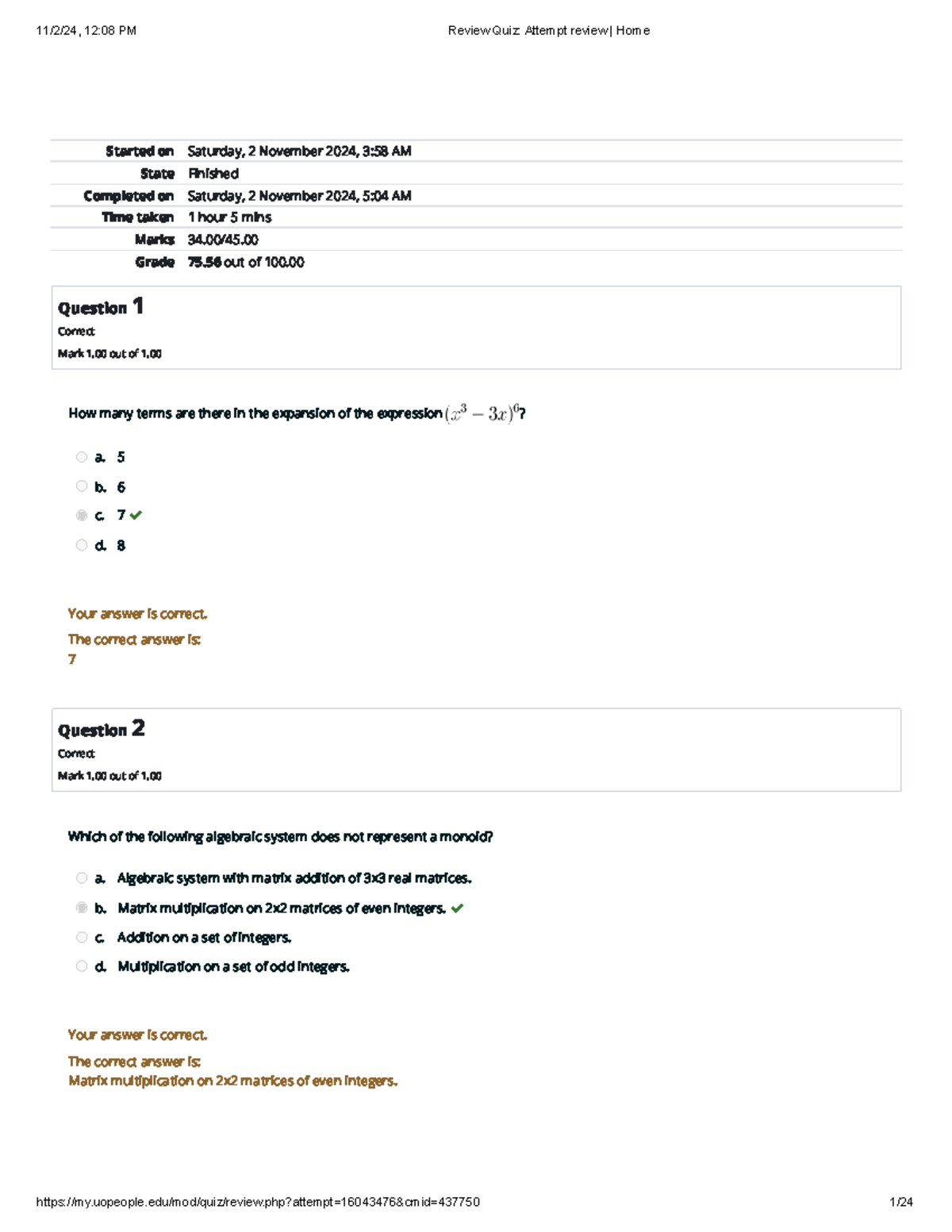 Review Quiz Discrete MATH - Started on Saturday, 2 November 2024, 3:58 ...