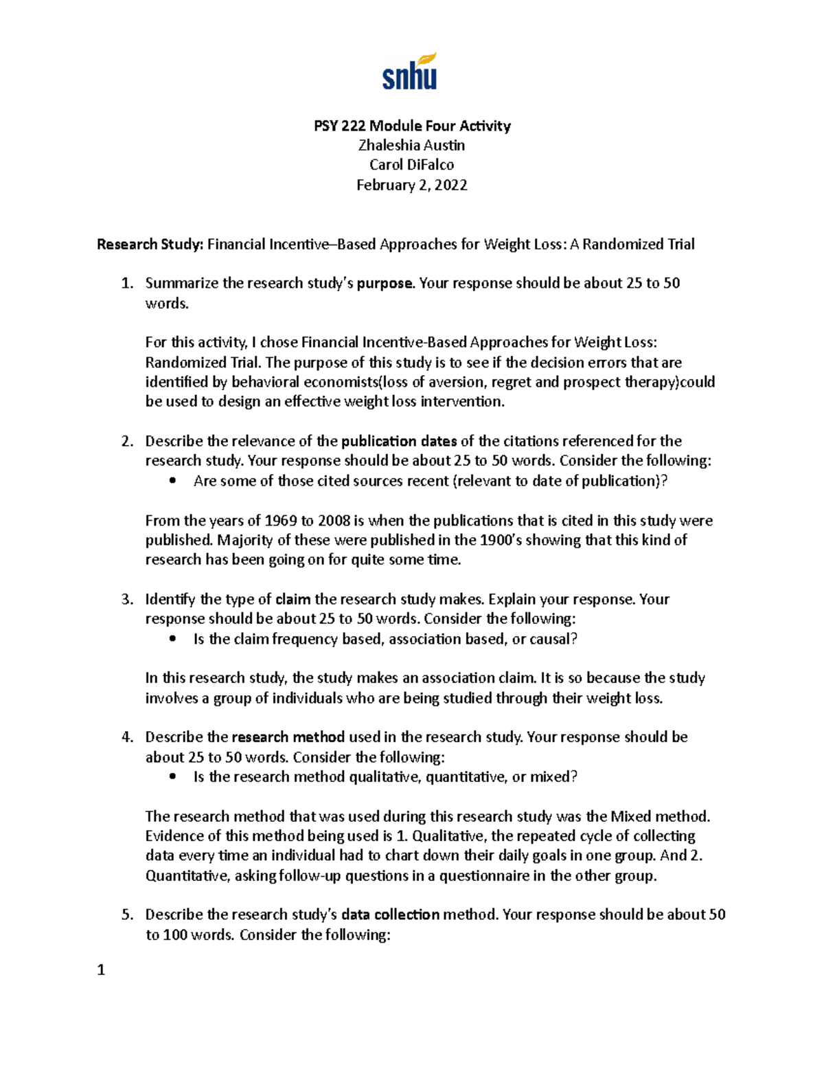 PSY222 Module Four Activity - PSY 222 Module Four Activity Zhaleshia ...