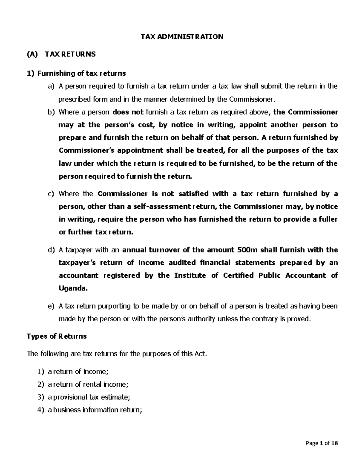 Tax Admin Notes - TAX ADMINISTRATION (A) TAX RETURNS Furnishing of tax ...