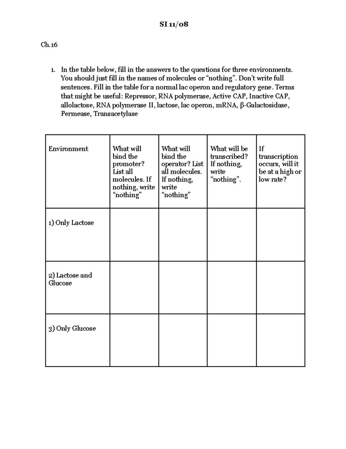 SI 11 08 - Si sheet - Ch. 1. In the table below, fill in the answers to ...