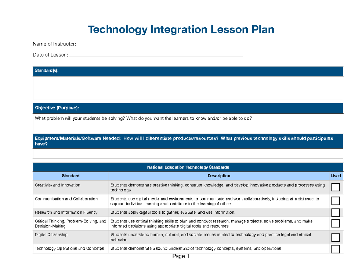 Technology Integration Lesson Plan Template - Technology Integration ...