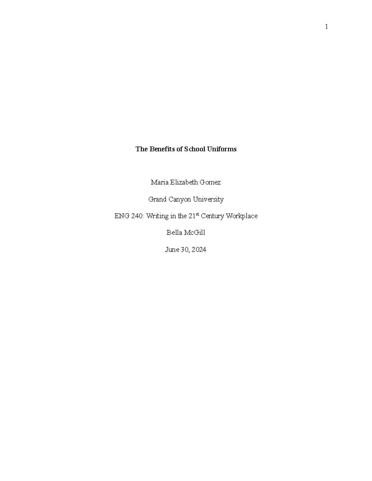 Proposal Final Draft - The Benefits of School Uniforms Maria Elizabeth ...