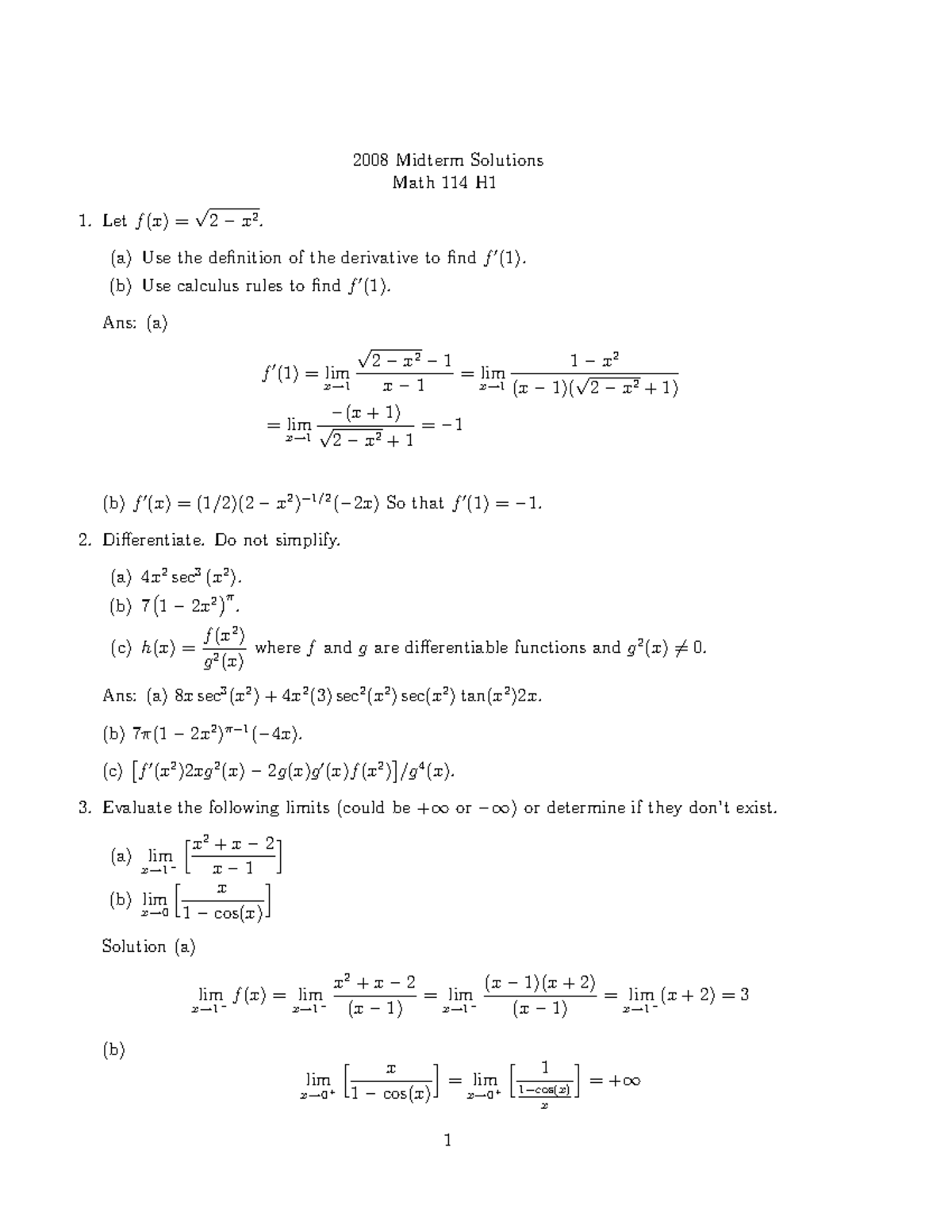Sample/practice exam 2015, questions and answers - Math 114 h1 midterm - 2008 Midterm Solutions ...