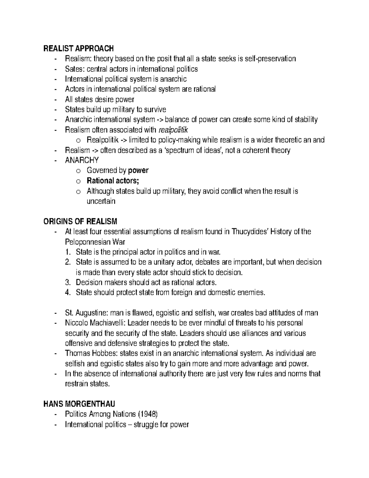 THEORIES OF IR - SEPT. 25 - REALIST APPROACH - Realism: theory based on ...