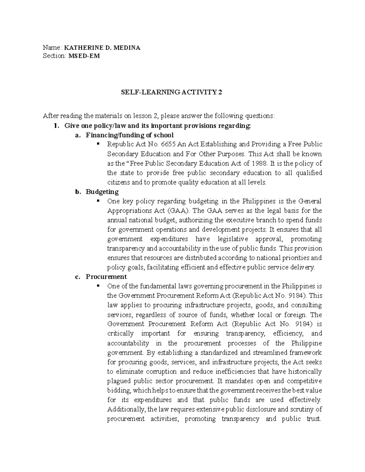 SELF Learning Activity 2 - Name: KATHERINE D. MEDINA Section: MSED-EM ...