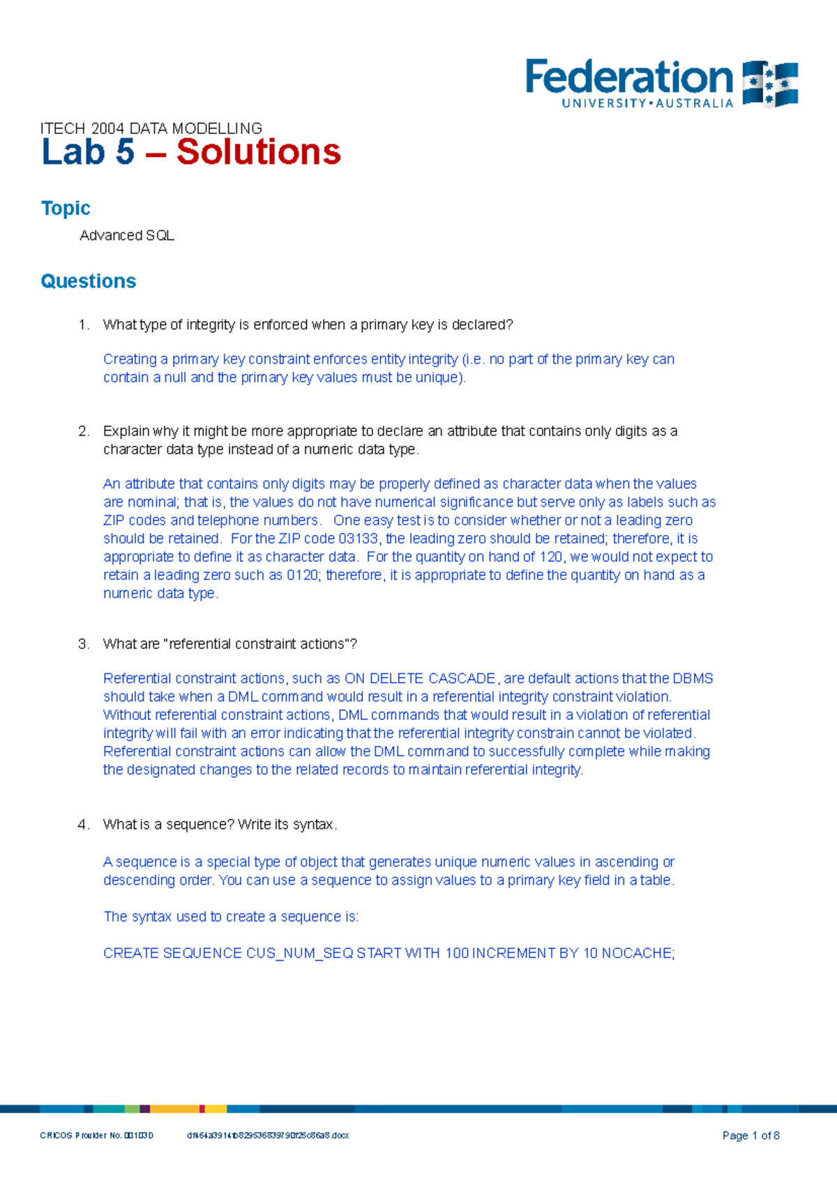 Itech 2004 2021 lab5 solutions - ITECH2004 - Fed Uni - Studocu