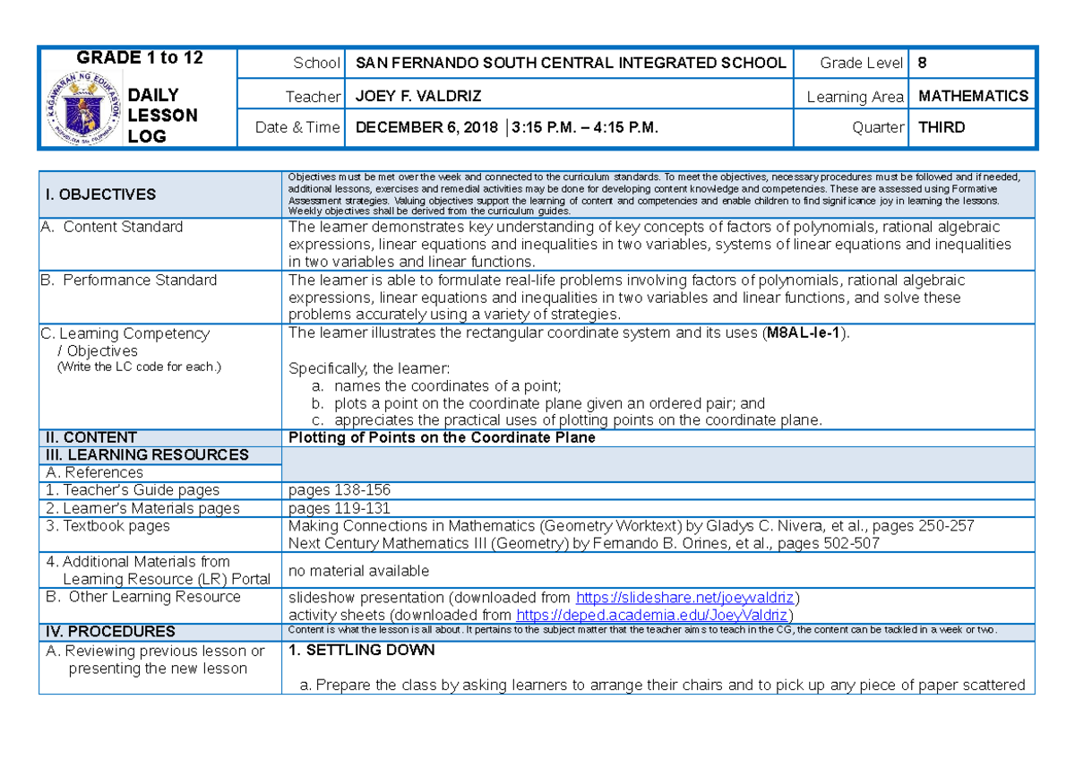 Lesson Plan on Plotting of Points on the398 - GRADE 1 to 12 DAILY ...