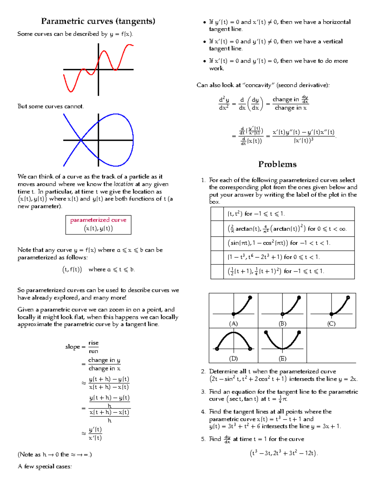 07 guide - Notes for Exam 1 - Parametric curves (tangents) Some curves ...