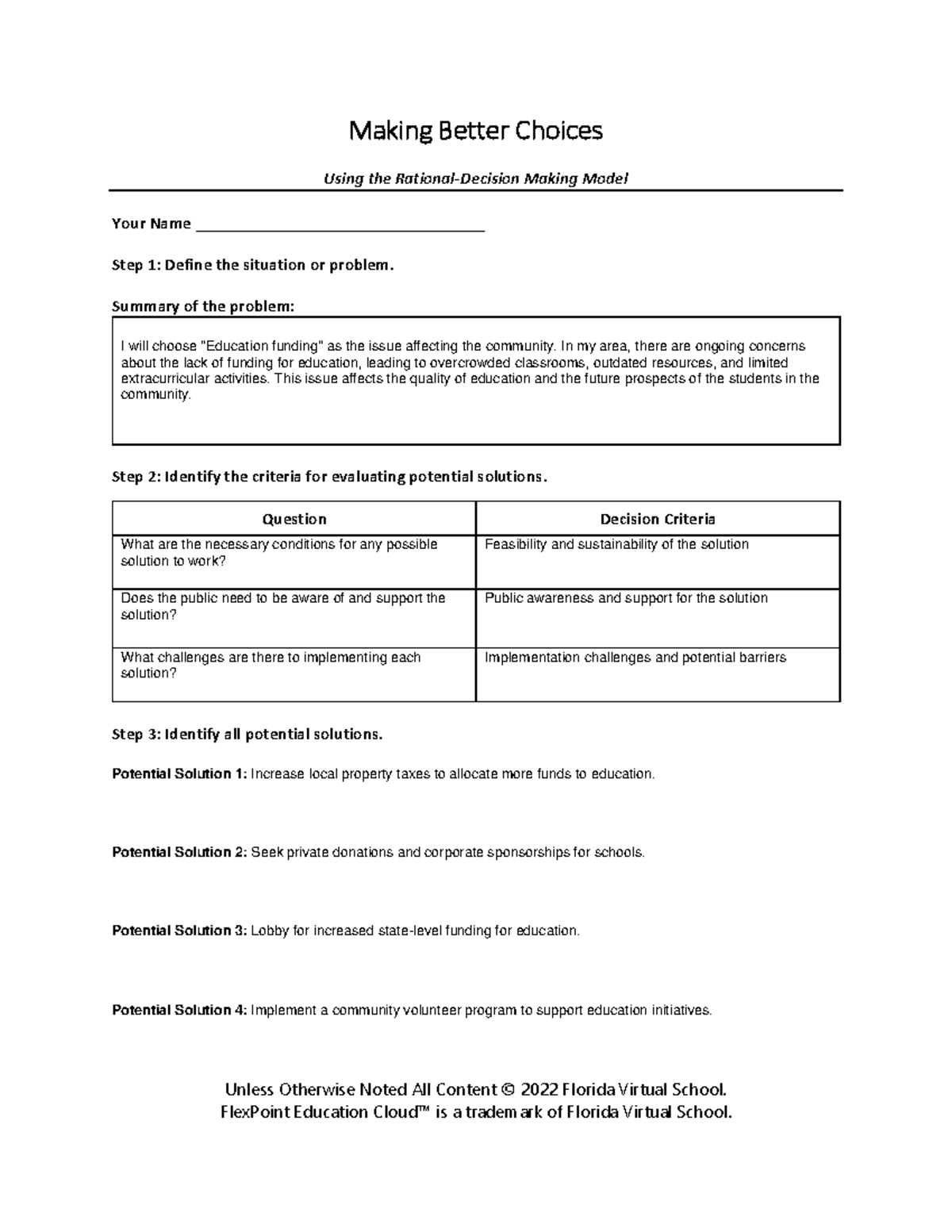 Making better choices assignment template - Unless Otherwise Noted All ...