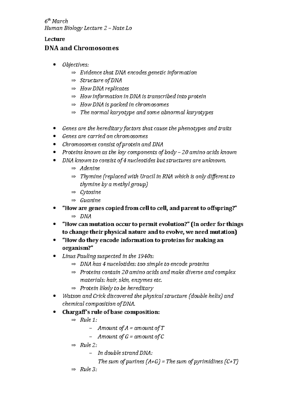Lecture 2 Biol - Dna and Chromosomes - 6th March Human Biology Lecture ...