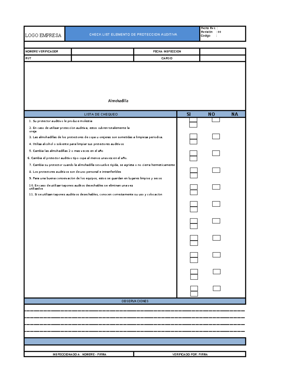 Check List Elemento Proteccion Auditiva - LOGO EMPRESA CHECK LIST ...