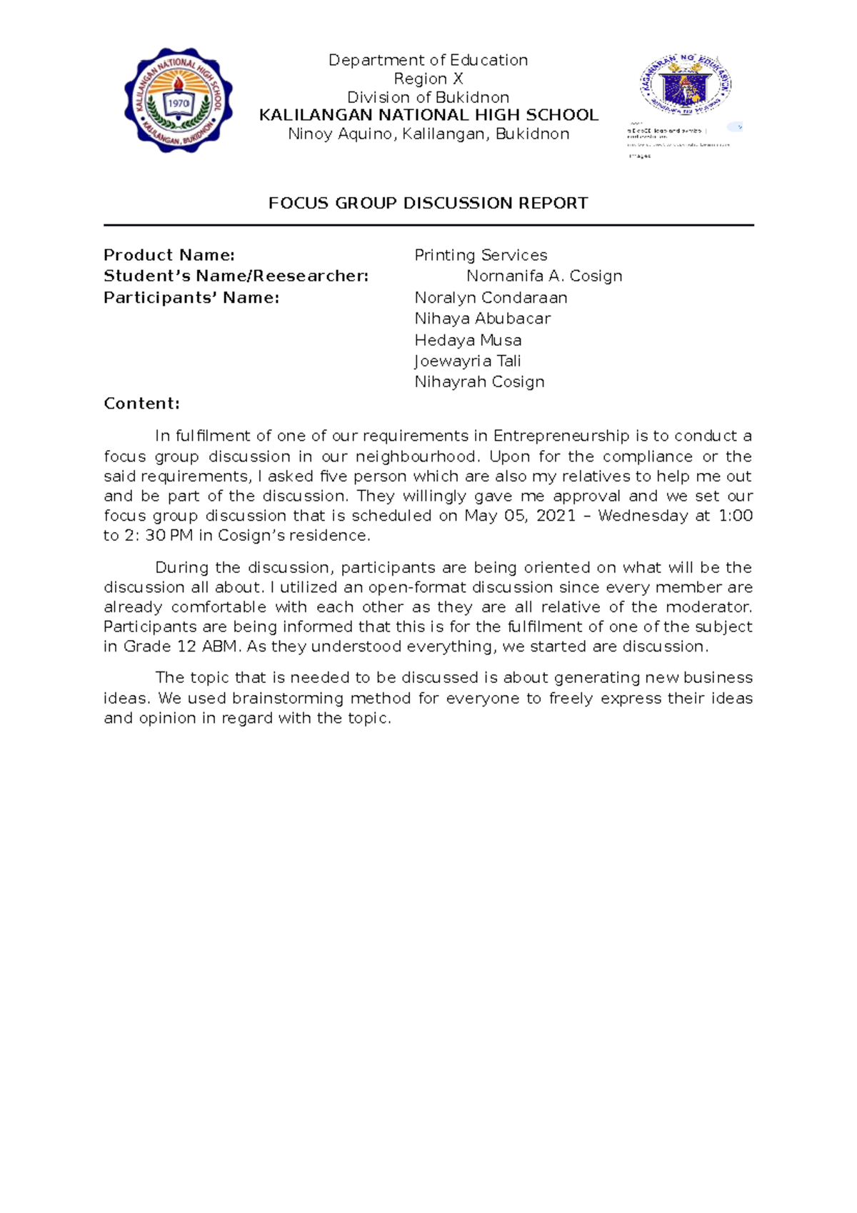 Focus Group Discussion Report - Department of Education Region X ...