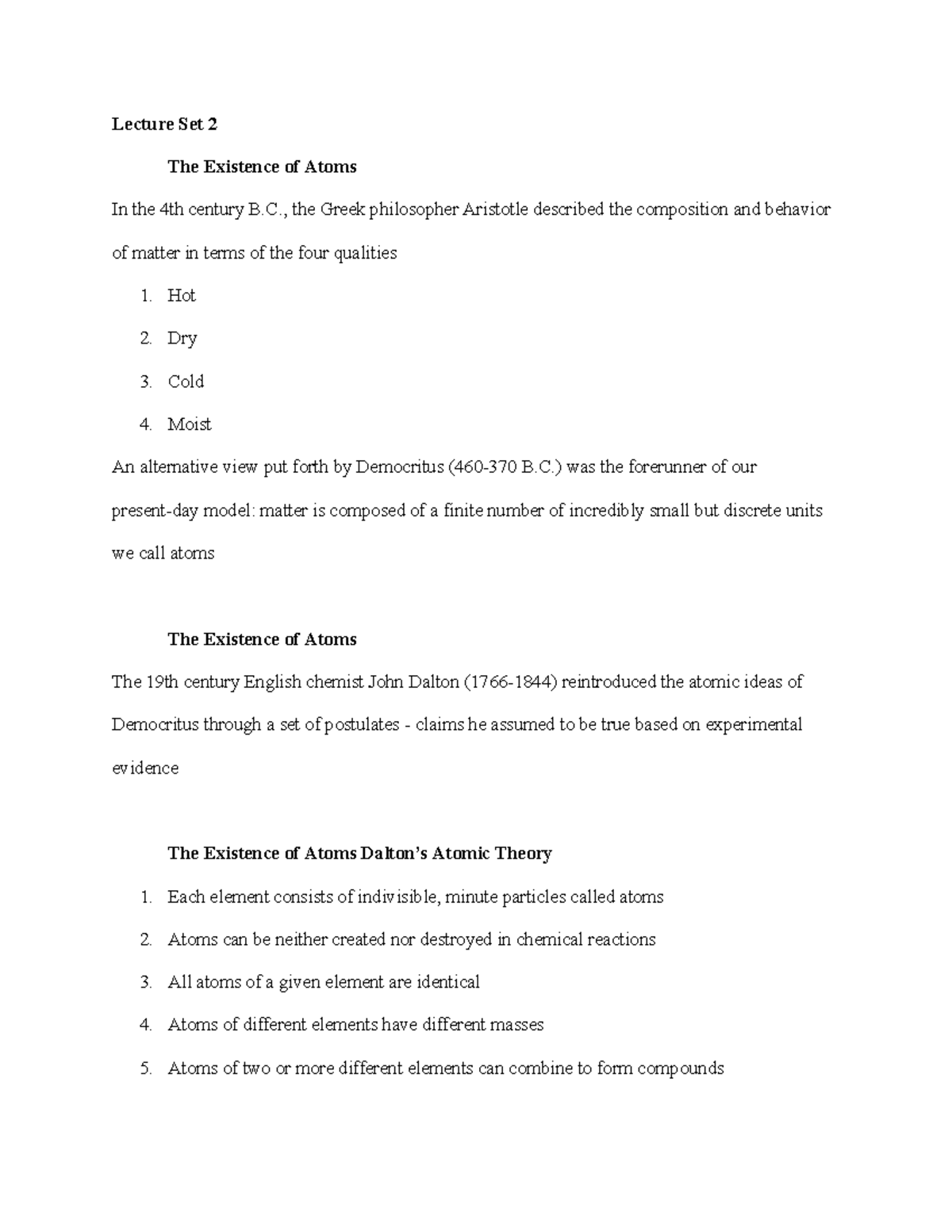 CHEM 110 Introductory to Chemistry Lecture Set 2 Part 1 - Lecture Set 2 The Existence of Atoms ...