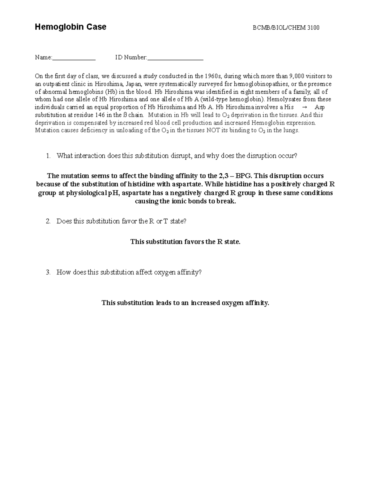 Biochem Hemoglobin Case Study - Hemoglobin Case Name: BCMB/BIOL/CHEM ...