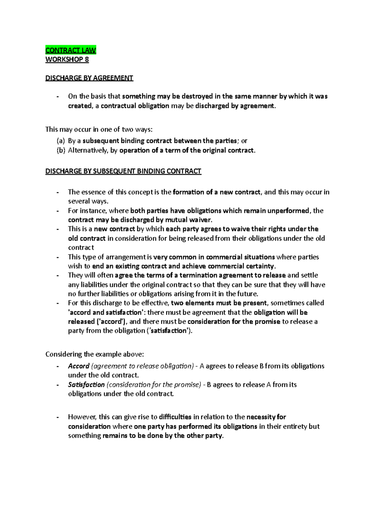 Discharge BY Agreement - CONTRACT LAW WORKSHOP 8 DISCHARGE BY AGREEMENT ...