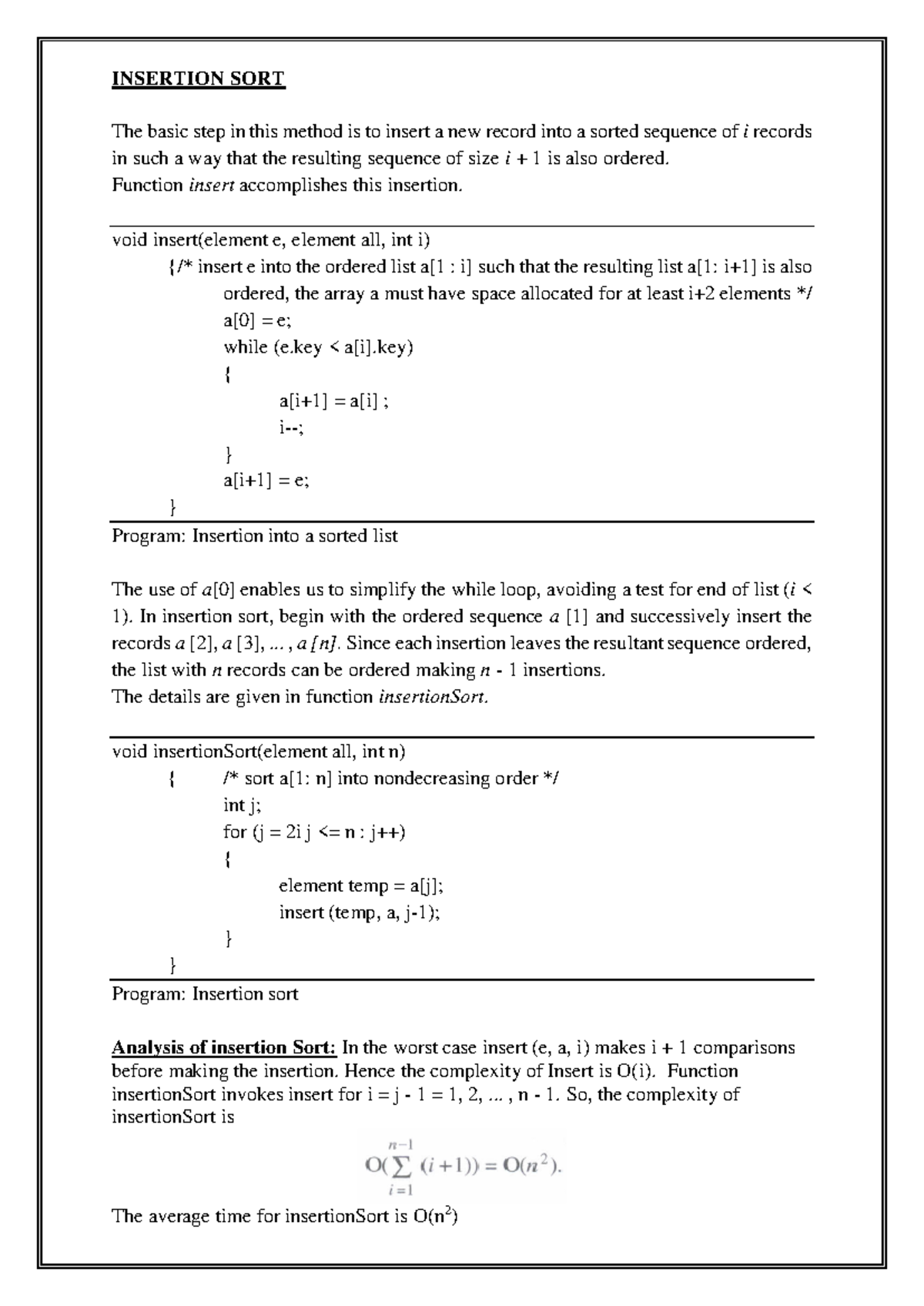 Module 5 Data Structure Notes Insertion Sort The Basic Step In This