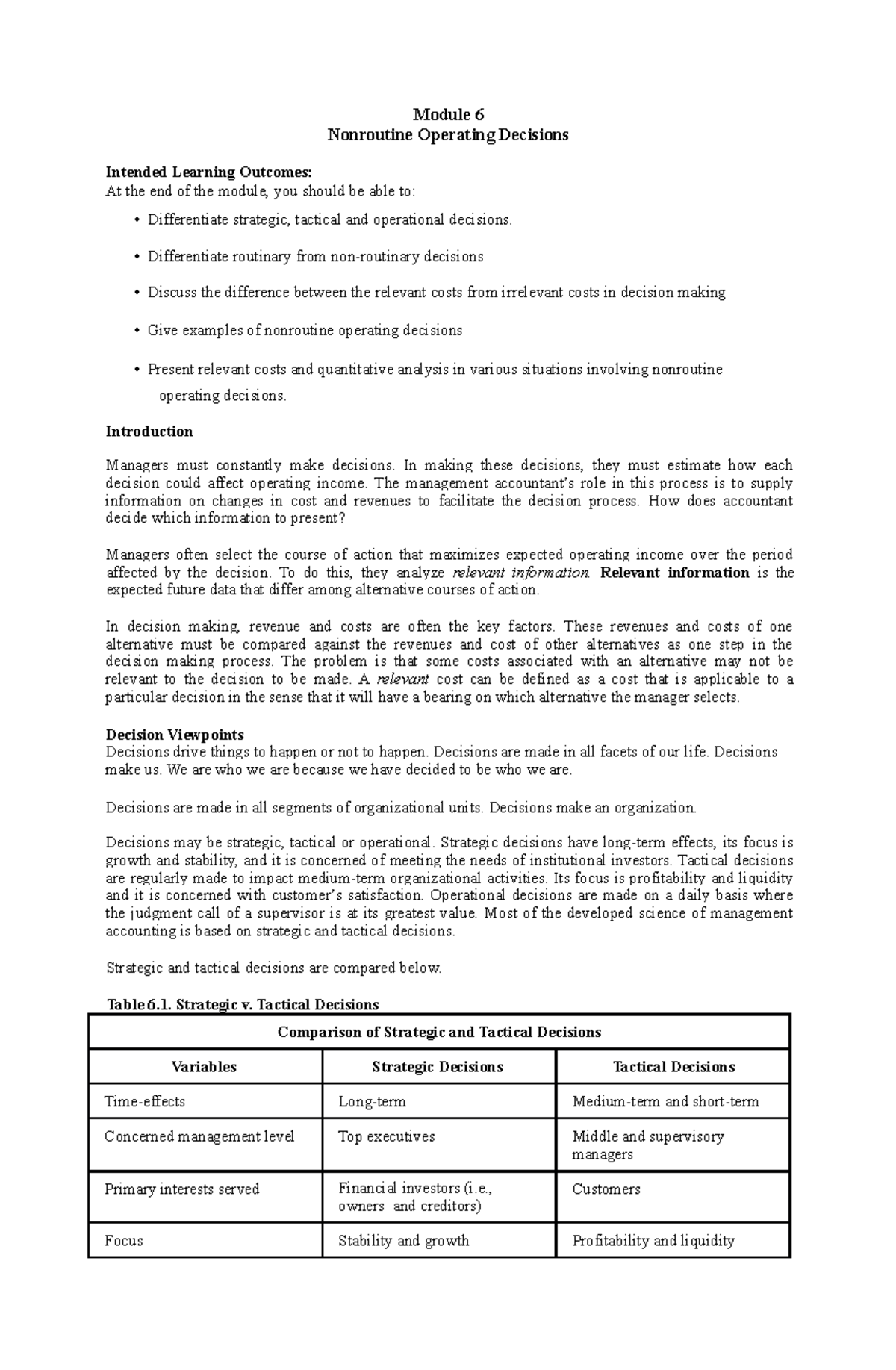 Nonroutine Operating Decisions 2 - Module 6 Nonroutine Operating ...