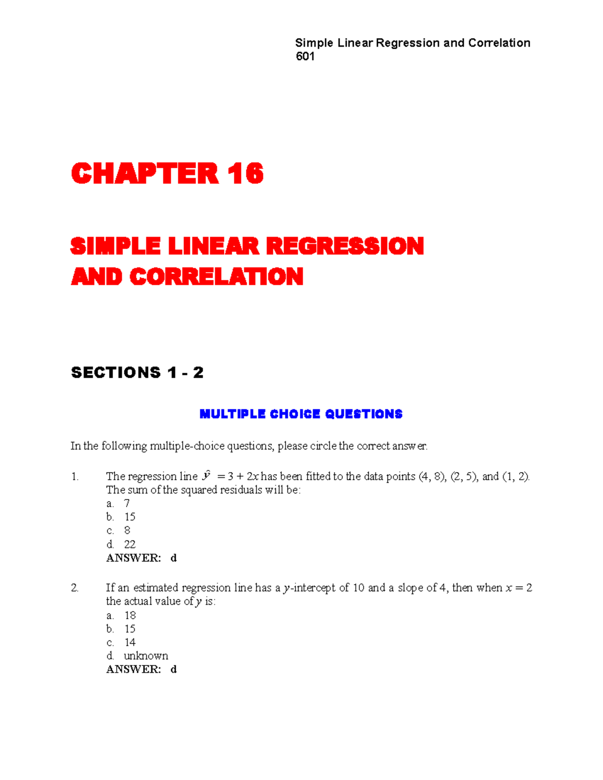 2320 Ch16 - Ch 16 - CHAPTER 16 SIMPLE LINEAR REGRESSION AND CORRELATION SECTIONS 1 2 MULTIPLE ...