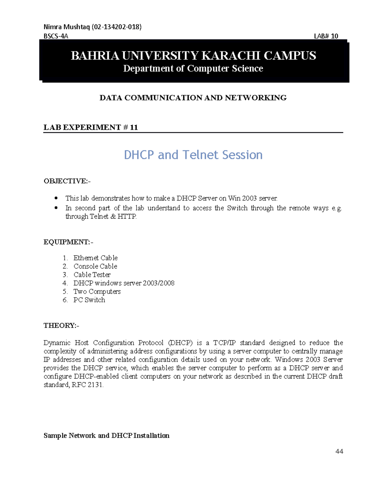 LAB 10-DHCP - Dynamic Protocol Assigned - BSCS-4A LAB# 10 BAHRIA ...
