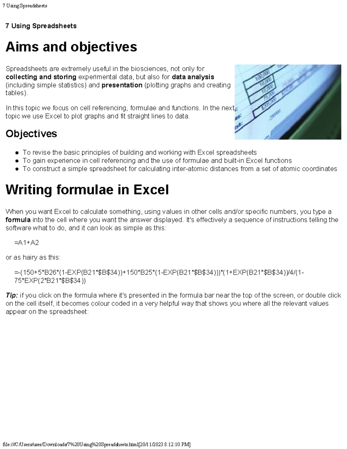 7 Using Spreadsheets - intro to lab science - 7 Using Spreadsheets Aims ...