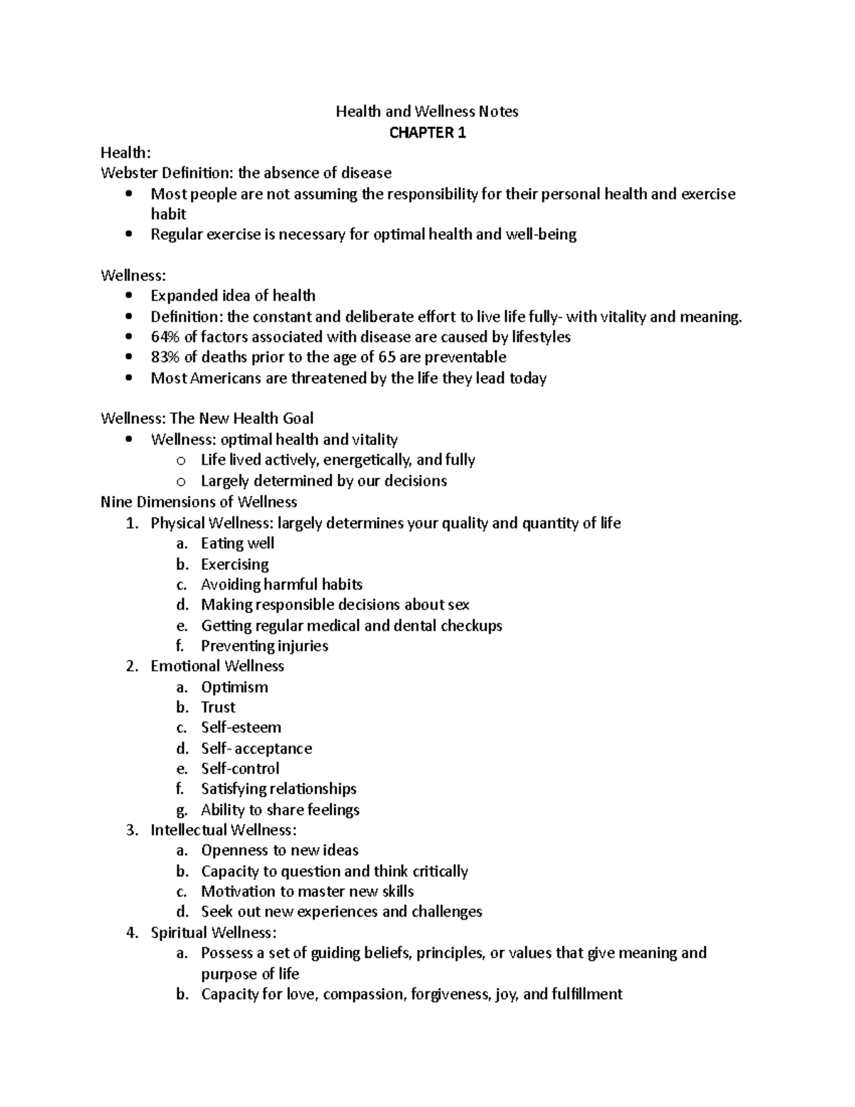 Health and Wellness Notes Chapter 1 - Health and Wellness Notes CHAPTER ...