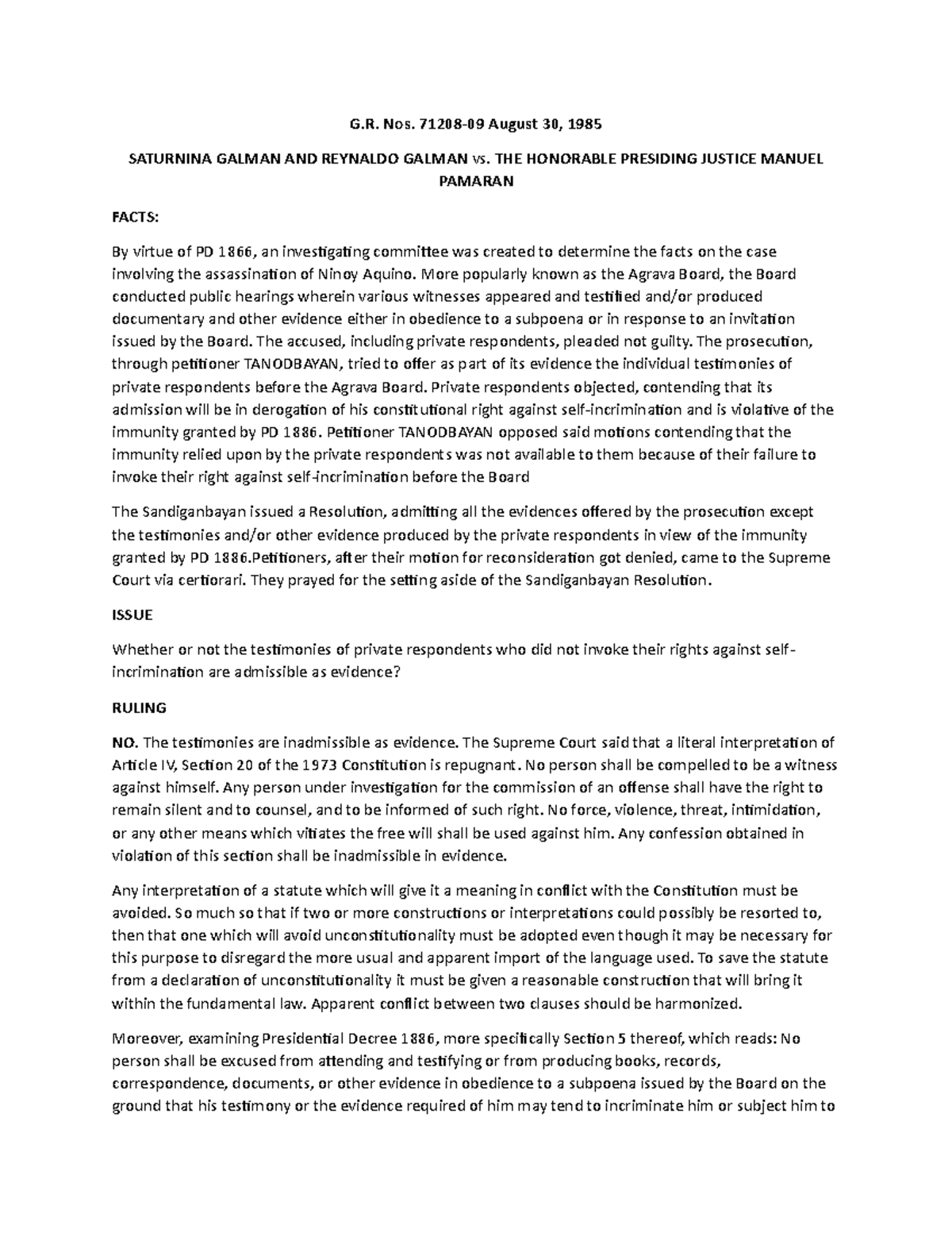 Galman v. Pamaran 138 scra 294 (1985) - G. Nos. 71208-09 August 30 ...