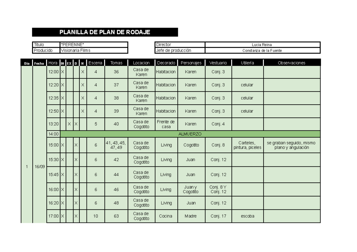 PLAN DE Rodaje.xlsx - Hoja1 - PLANILLA DE PLAN DE RODAJE Titulo ...