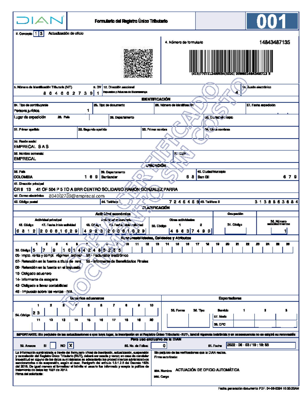 RUT Emprecal 2024 - DIAN Formulario del Registro Único Tributario 001 2 ...