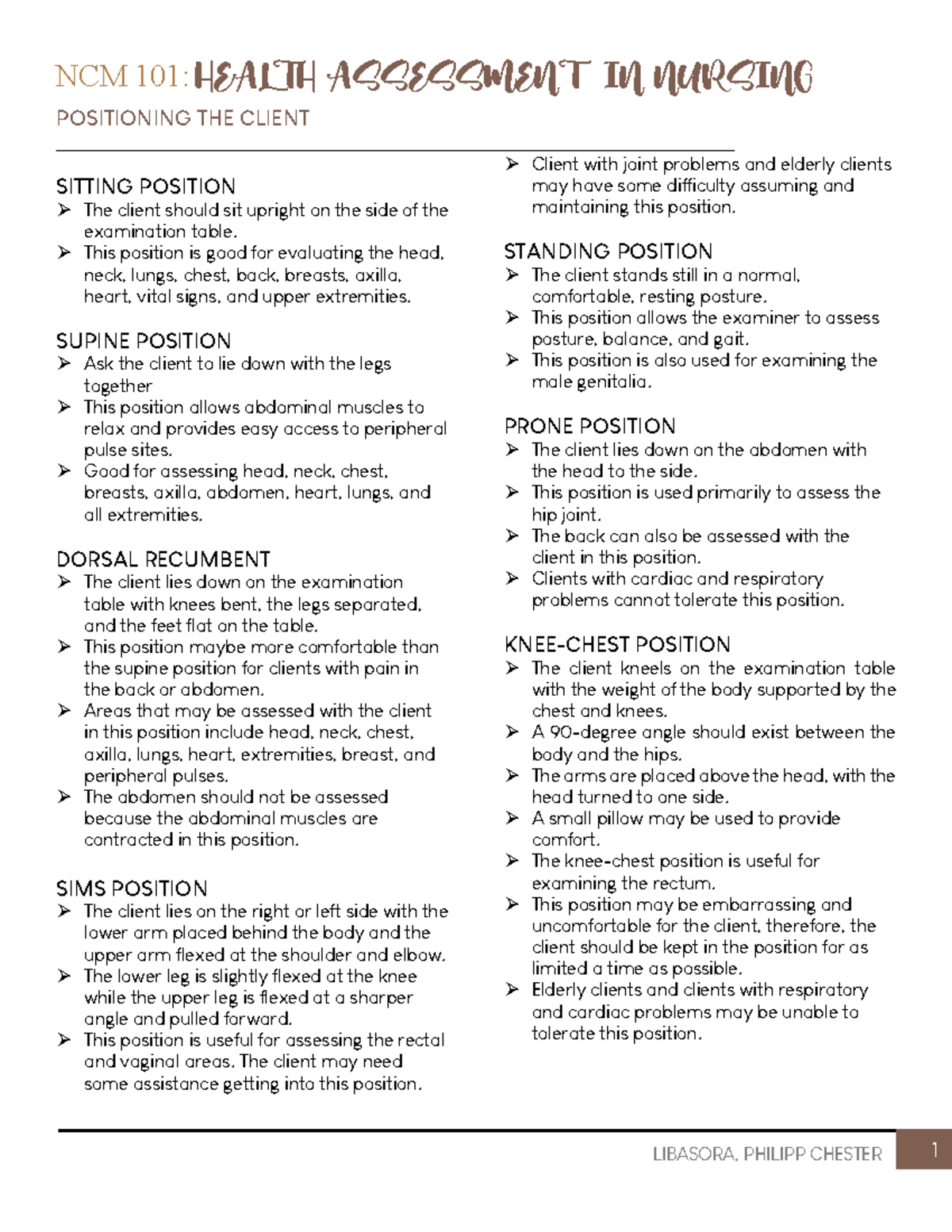 NCM 101 Positioning - NCM 101 : HEALTH ASSESSMENT IN NURSING ...
