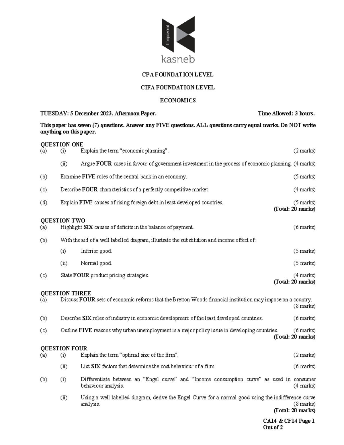 CA14 Economics - Exams Dec 2023 - CA14 & CF14 Page 1 Out of 2 CPA FOUNDATION LEVEL CIFA - Studocu