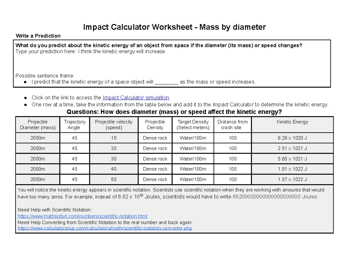 Copy of (H) Impact Calculator - Impact Calculator Worksheet - Mass by diameter Write a ...