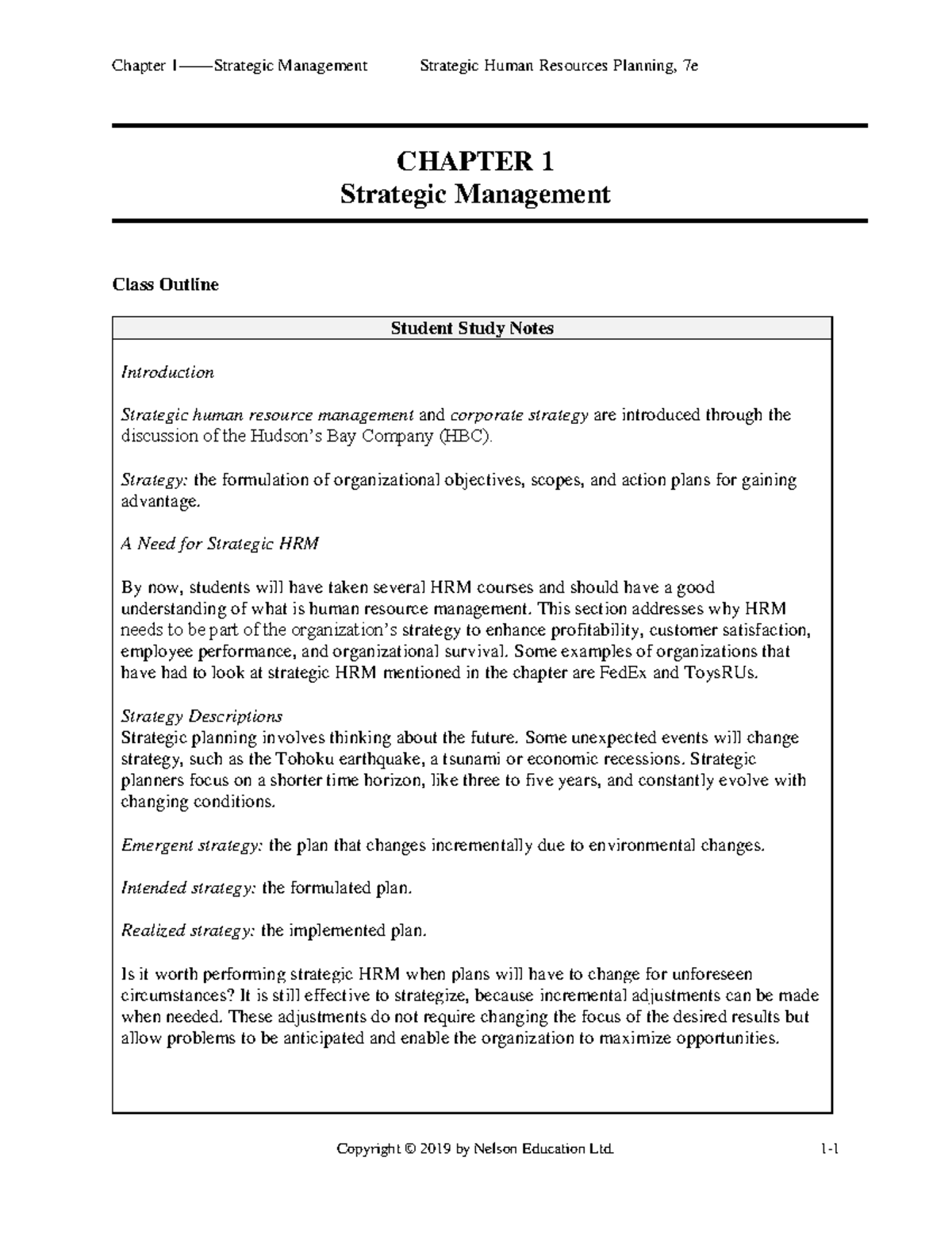 Chapter 1 Summary 2019 - CHAPTER 1 Strategic Management Class Outline ...