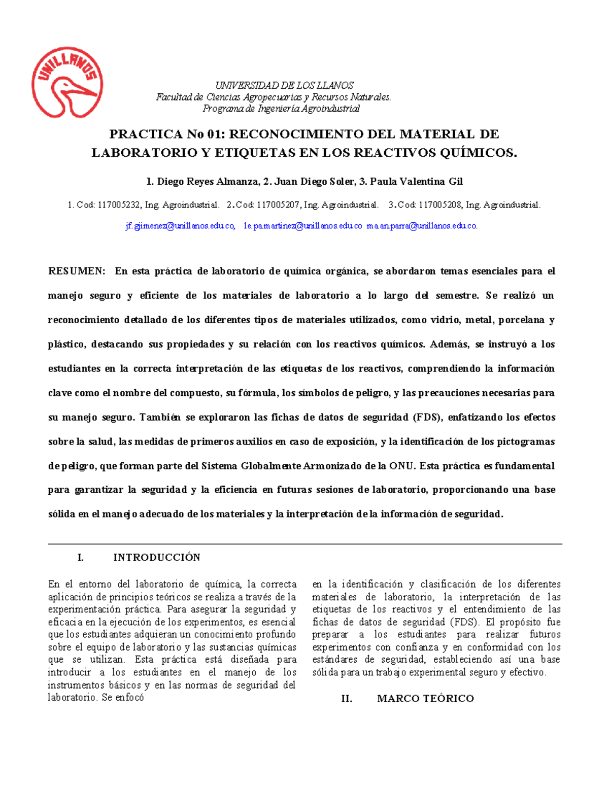 Informe #1 Quimica Organica - UNIVERSIDAD DE LOS LLANOS Facultad de Ciencias Agropecuarias y ...