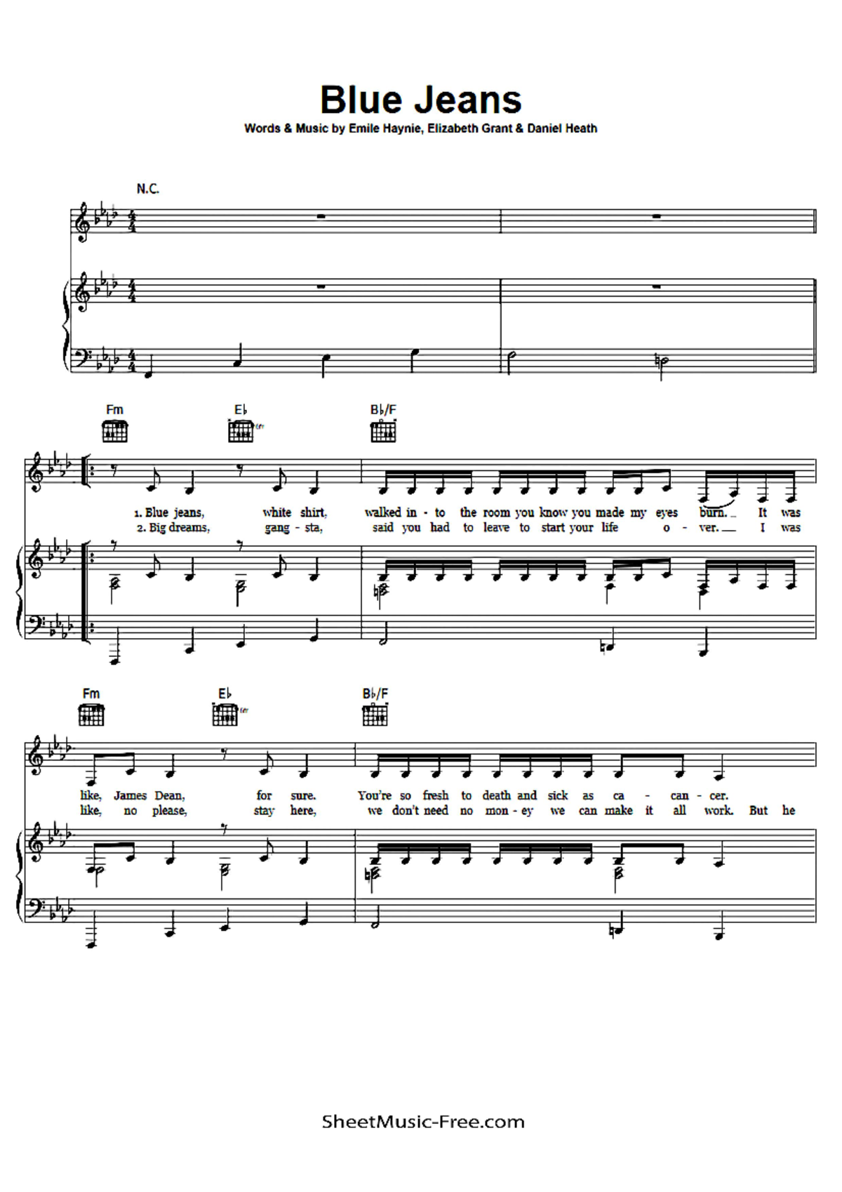 Blue Jeans Sheet Music Lana Del Rey (Sheet Music-Free - Blue Jeans ...