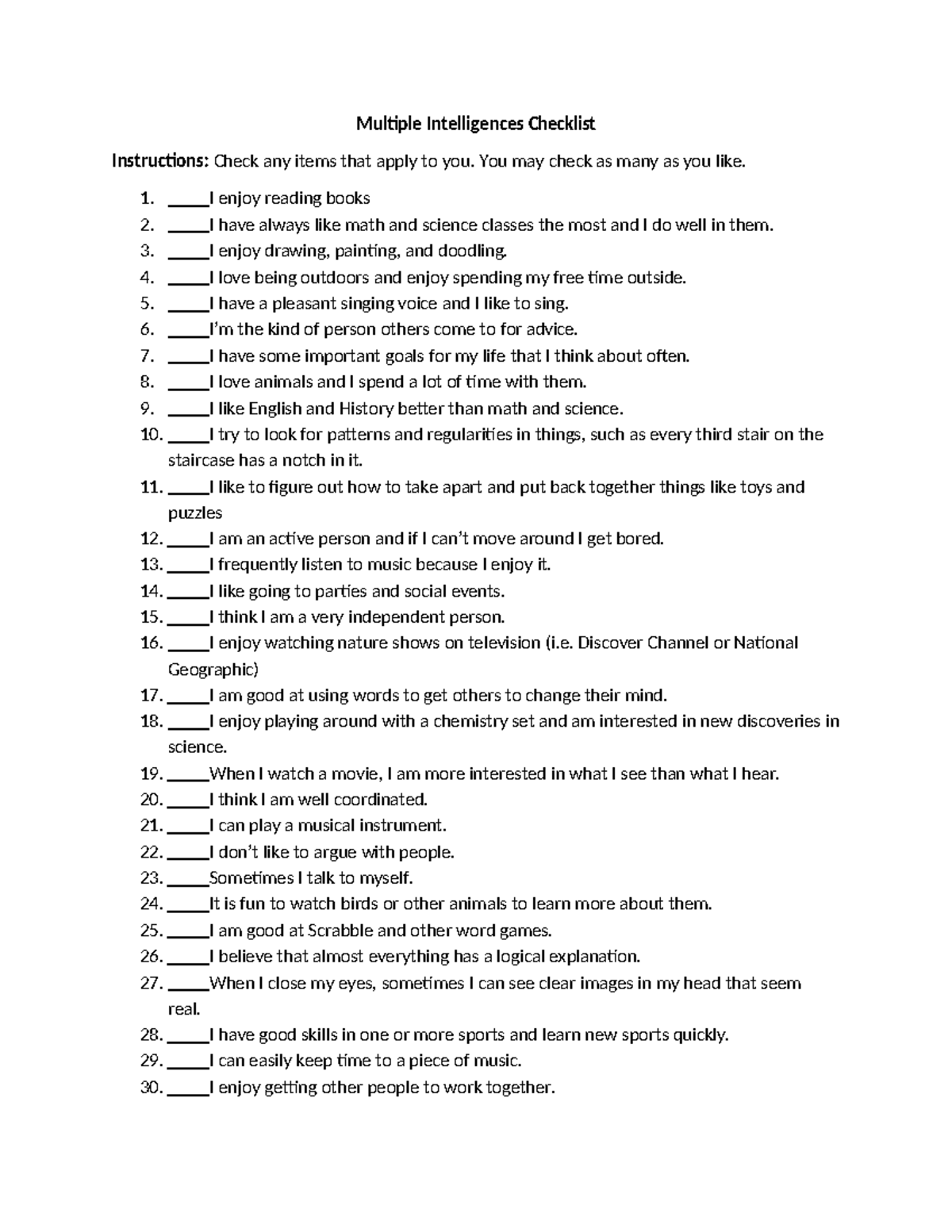 Learning-styles-self-assessment - Multiple Intelligences Checklist ...
