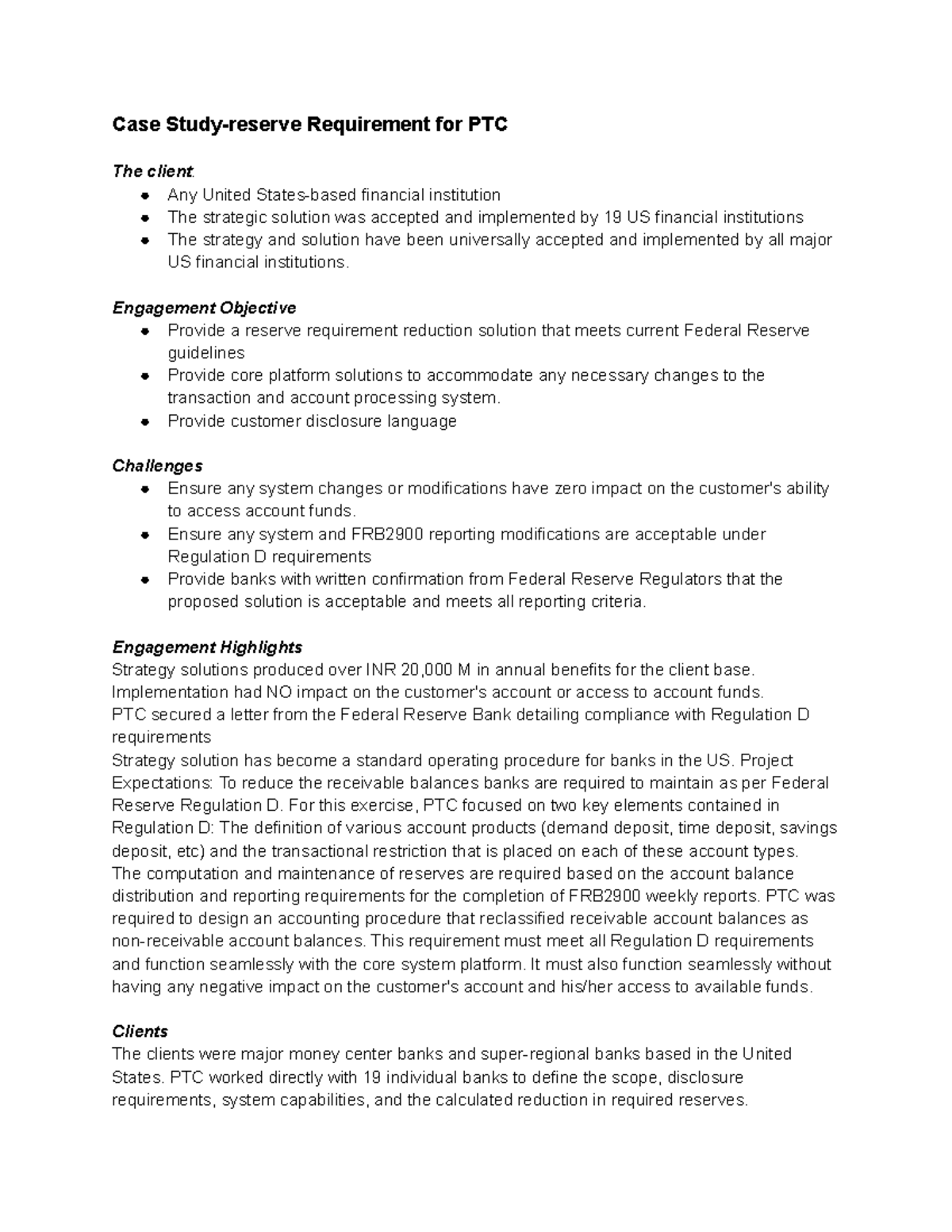 Case Study-reserve Requirement for PTC - Engagement Objective Provide a ...