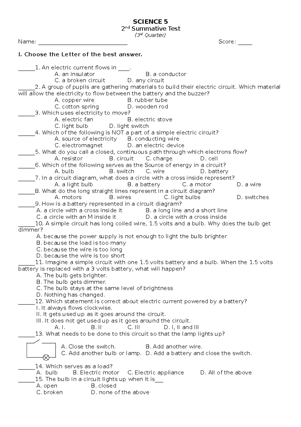 Science 5 ST3 Q3 - Test - SCIENCE 5 2 nd Summative Test (3rd Quarter ...