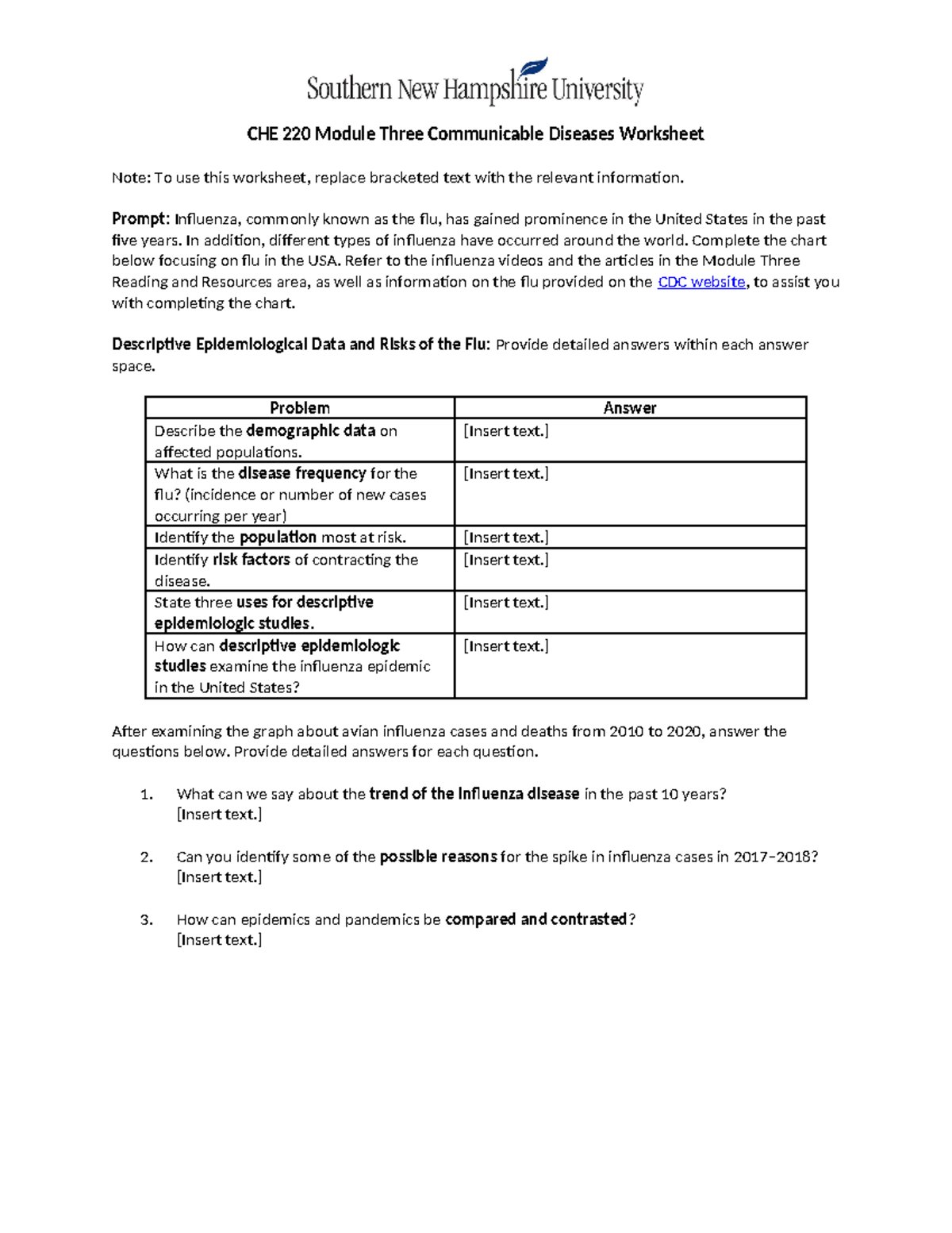 CHE 220 Module Three Communicable Diseases Worksheet - Prompt ...