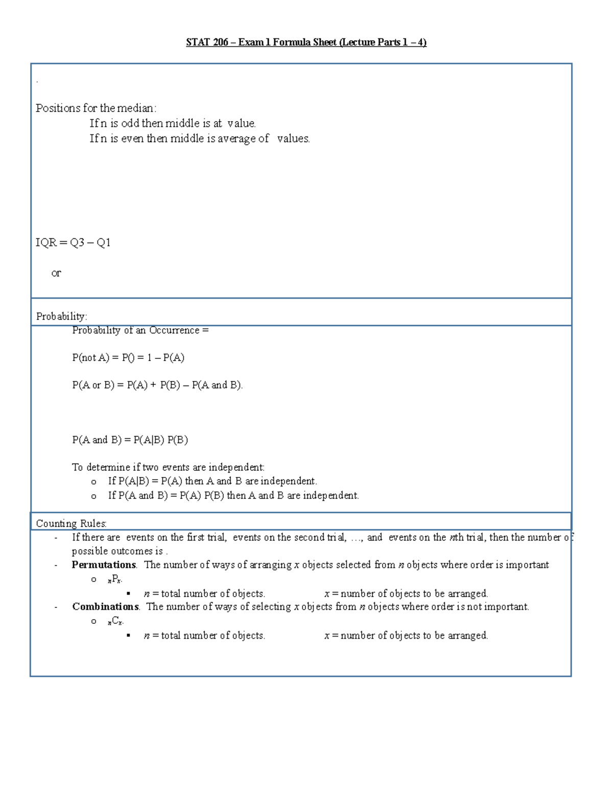 Exam 1 Formula Sheet - STAT 206 – Exam 1 Formula Sheet (Lecture Parts 1 ...