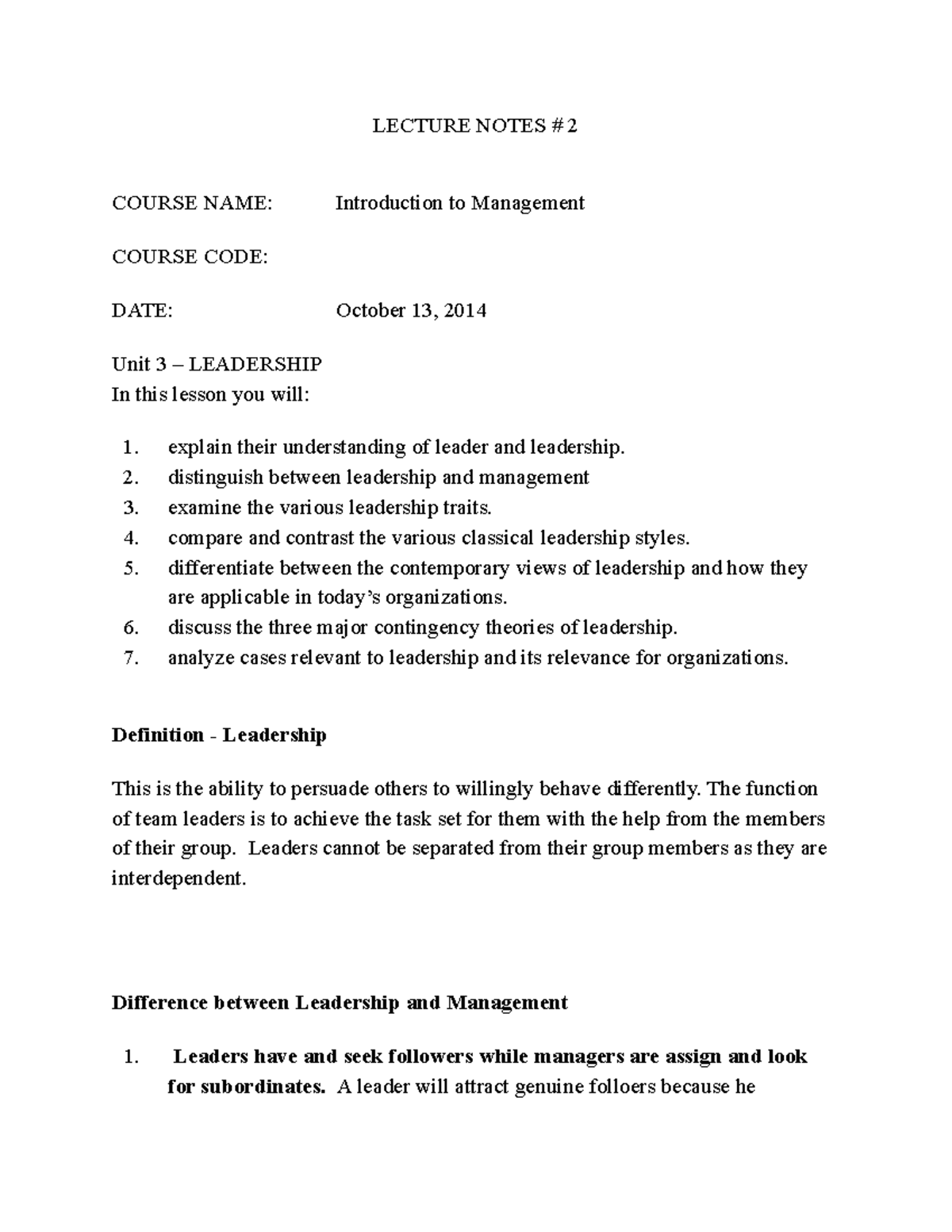 Unit3-Leadership - notes - LECTURE NOTES # 2 COURSE NAME: Introduction ...
