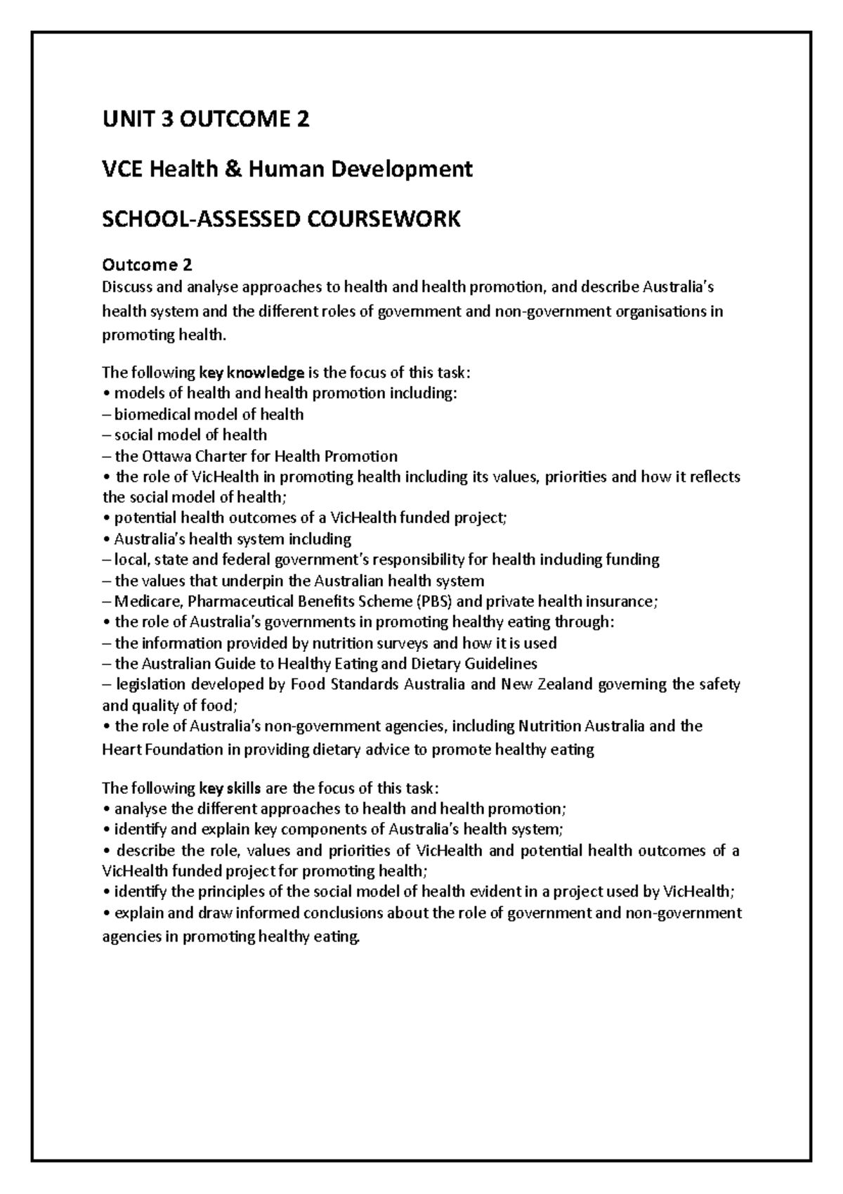 Unit 3 outcome 2 preperation questions - UNIT 3 OUTCOME 2 VCE Health ...