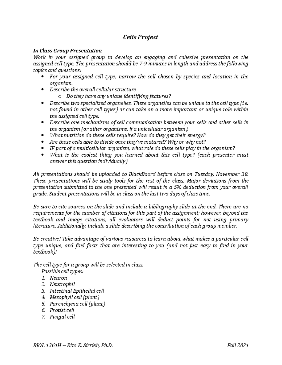 Cells Project Description - Fall 2021(1) - Cells Project In Class Group ...