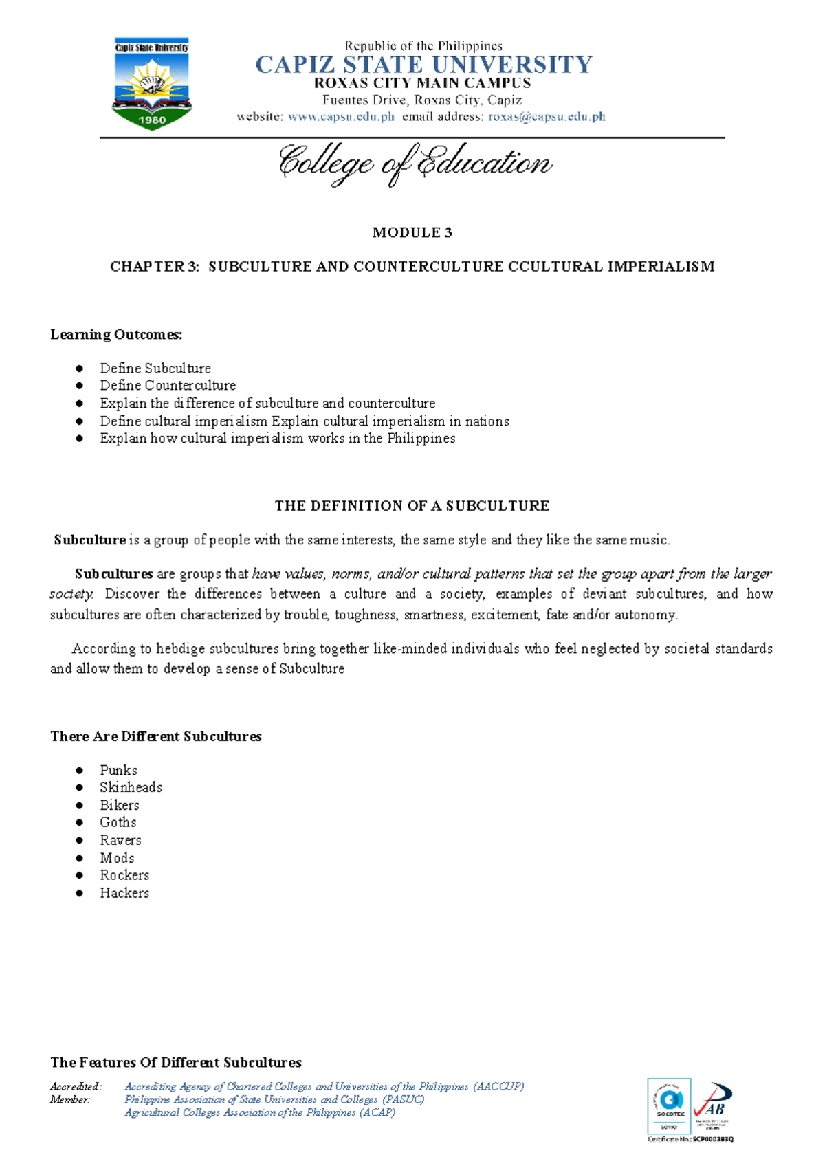 GEE106 Chapter 3 Handouts G3 - MODULE 3 CHAPTER 3: SUBCULTURE AND ...