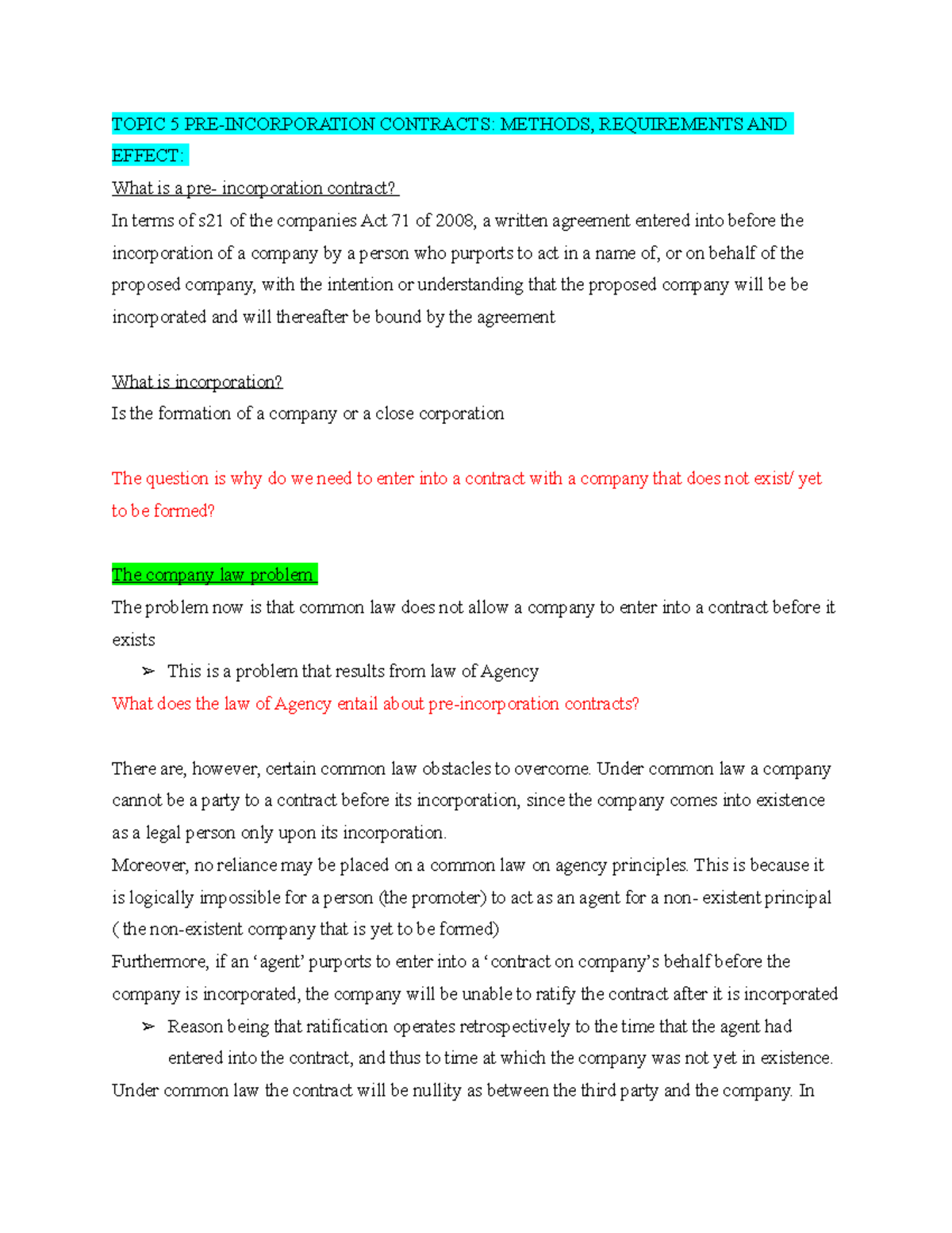 Topic 5 PRE- Incorporation Contracts Methods, Requirements AND Effect ...