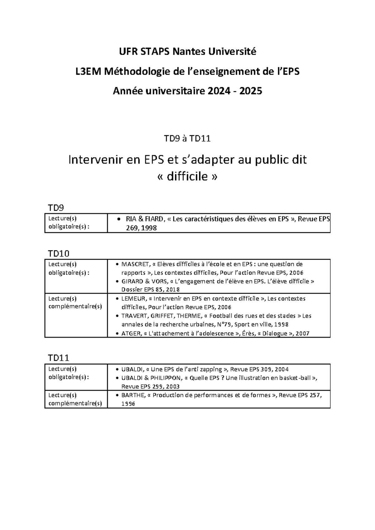Recueil texte TD9-11 2024 - 2025 - UFR STAPS Nantes Université L3EM ...